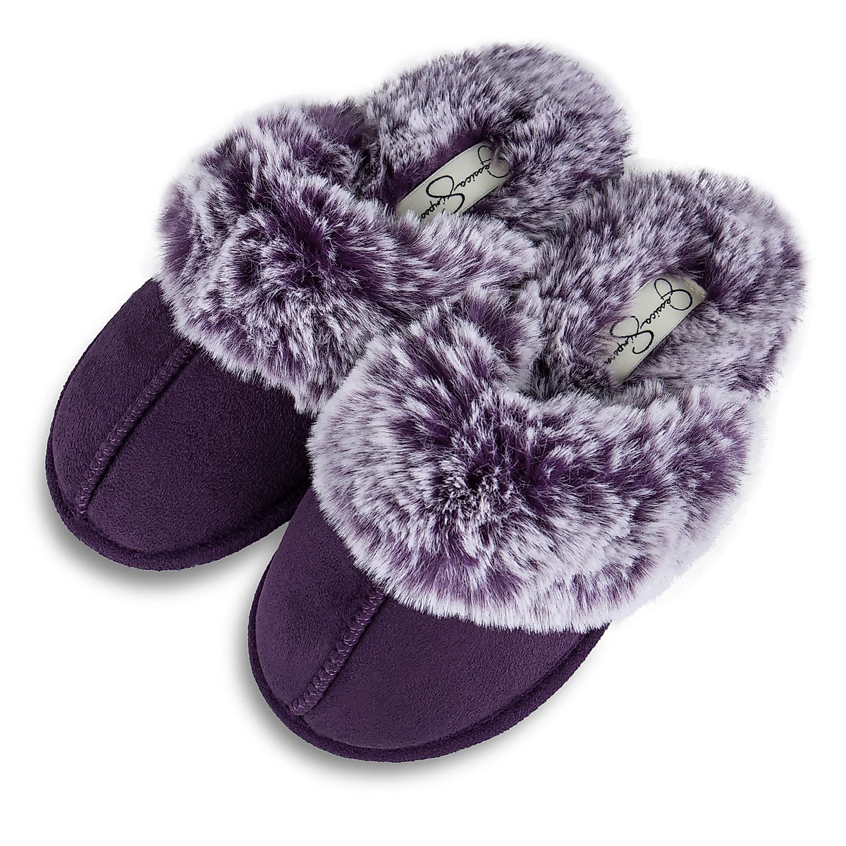 Jessica Simpson Girls Comfy Slippers - Cute Faux Fur Slip-On Shoes Memory Foam House Slipper, Purple, Large Little Kid