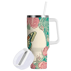 ODAWA 40oz Spill Proof Tumbler with Straw, Butterfly Pink Roses Vacuum Insulated Tumbler with Handle and Straw Lid