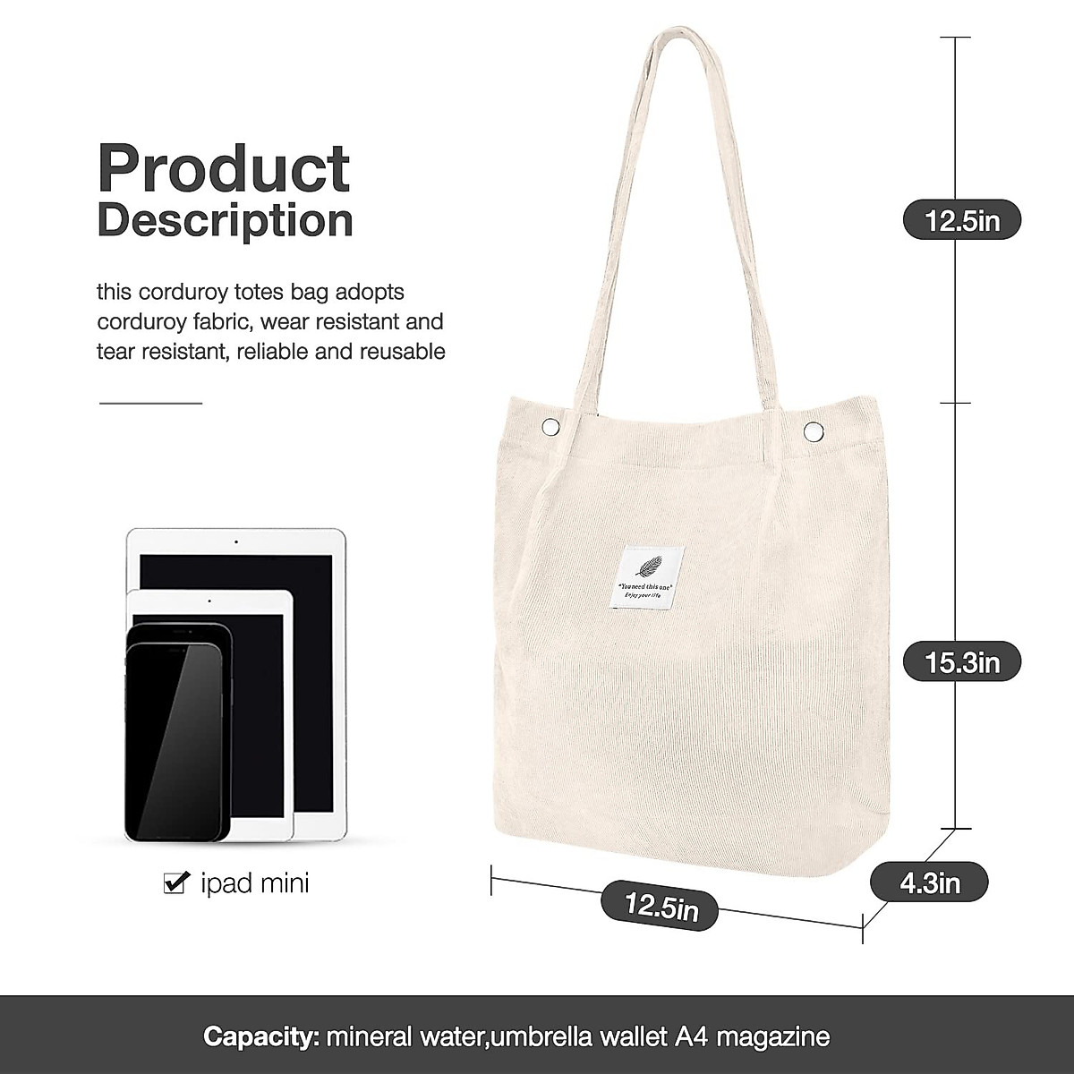 LHMTQVK Corduroy Tote Bags for Women, Large Capacity Corduroy Bag Reusable Grocery Shoulder Bag with Inner Pockets (Beige)