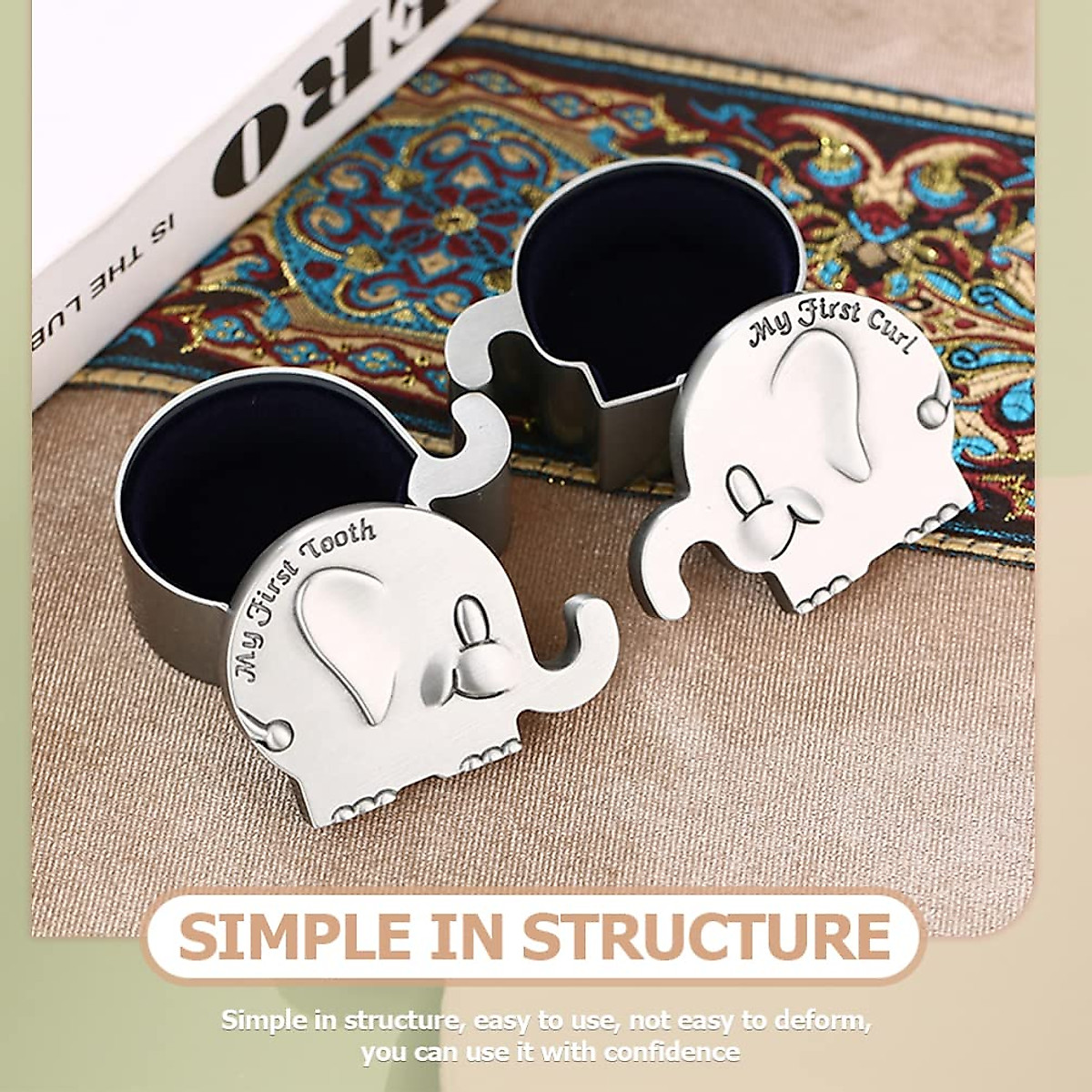 Kisangel Baby Tooth Holder Keepsake Save Origanizer Box Metal Elephant Baby First Tooth and Curl Container Storage Box Teeth for Baby Shower Fairy Souvenir