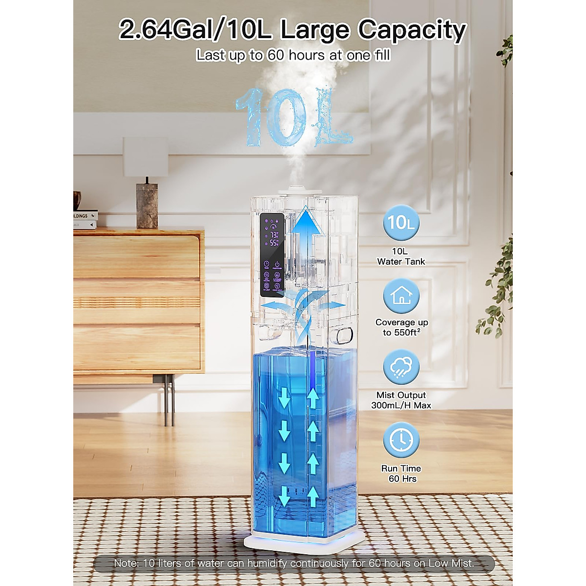 Petsaint Humidifiers for Bedroom, 2.64Gal/10L Ultrasonic Cool Mist Humidifier Large Room, Covers 550ft², Top Fill, 24H Timer, 60H Runtime, 3 Mist Mode Quiet Humidifiers for Home, Office, Plant, White