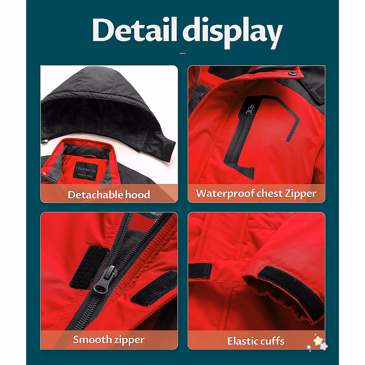 CREATMO US Boy's Winter Ski Jacket Windbproof Waterproof Snow Parka Red 14-16