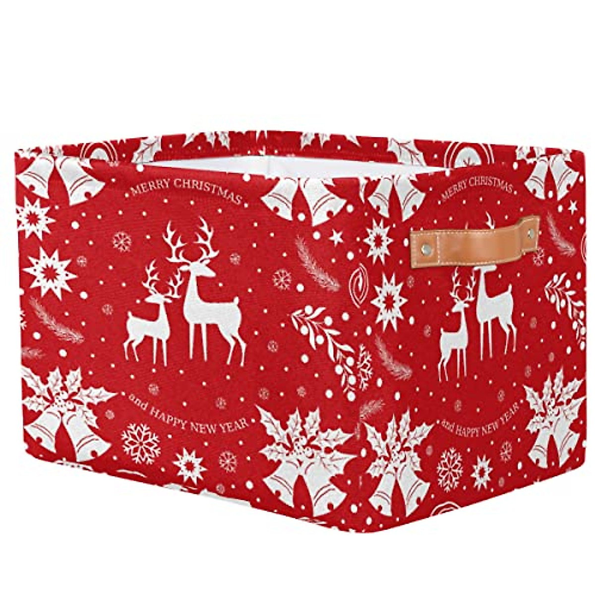 Cute Christmas Decor Storage Basket Bins Cubes Organizer Xmas Red and White Deer Foldable Storage Box with Leather Handles Collapsible Closet Storage Bins for Shelves Kids Toys Closets Nursery Bedroom