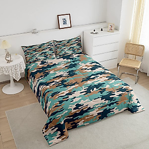 Camouflage Comforter Set Youth Army Camo Bedding Set for Kids Boys Girls 3D Military Art Comforter Teal Blue Brown Decor Quilt Set Room 3Pcs Queen Size
