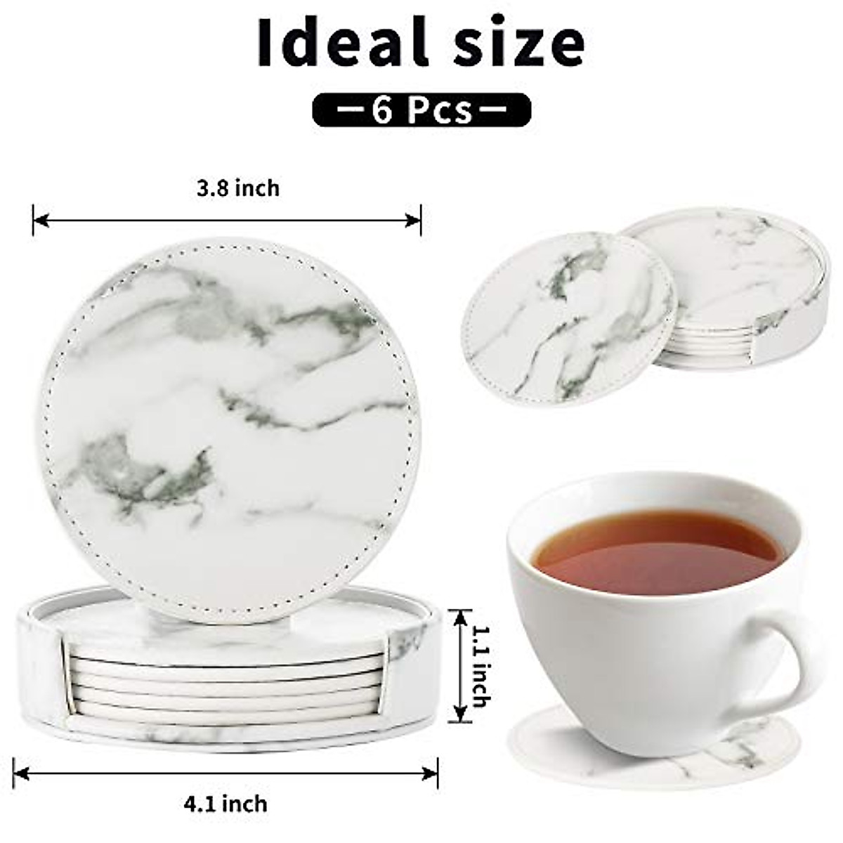 Leather Coasters for Drinks with Holder Set of 6, Coasters for Drinks,Marble and Waterproof Coasters Table Protective Non-Slip Pads, Round Cup Mat for Home and Kitchen