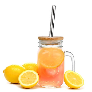 Hacaroa 4 Pack Glass Mason Jar Cups with Bamboo Lid and Straw, 16 Oz Regular Mouth Mason Mugs Drinking Glasses with Handle, Reusable Smoothie Cups for Cold Juice, Beverage, Coffee, Clear