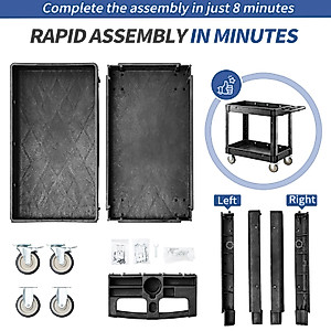 LoJok 640 LBS Capacity Heavy Duty Utility Cart with Wheels, Plastic 2-Tier RollingTool Cart Black, 360° Universal Wheels with 2 Brakes for Warehouse, Garage