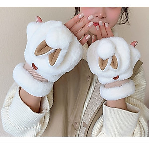 Women Girls Warm Gloves Thicken Cute Rabbit Ears Convertible Flip Top Winter Fingerless Thick Mittens for Teen Student (Color : White, Size : One Size)