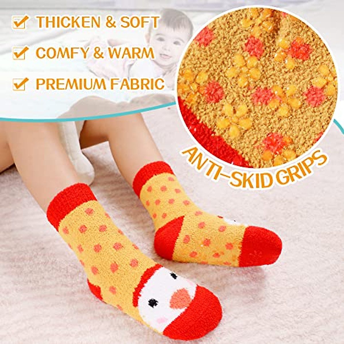 Eyean Kids Fuzzy Socks Non Slip Soft Fluffy Slipper Grips Socks Warm Plush Cozy Cabin Boy Girls Crew Socks 6 Pairs (Dot Animal, 8-12 Years)