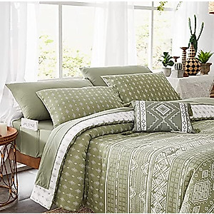 Geniospin Full Comforter Set, Olive Green Boho Aztec Comforter Set 8 Pieces, All Season Reversible Bed in A Bag, Soft Microfiber Fill Bedding, Lightweight, Warm and Breathable (Full, 80"x90")