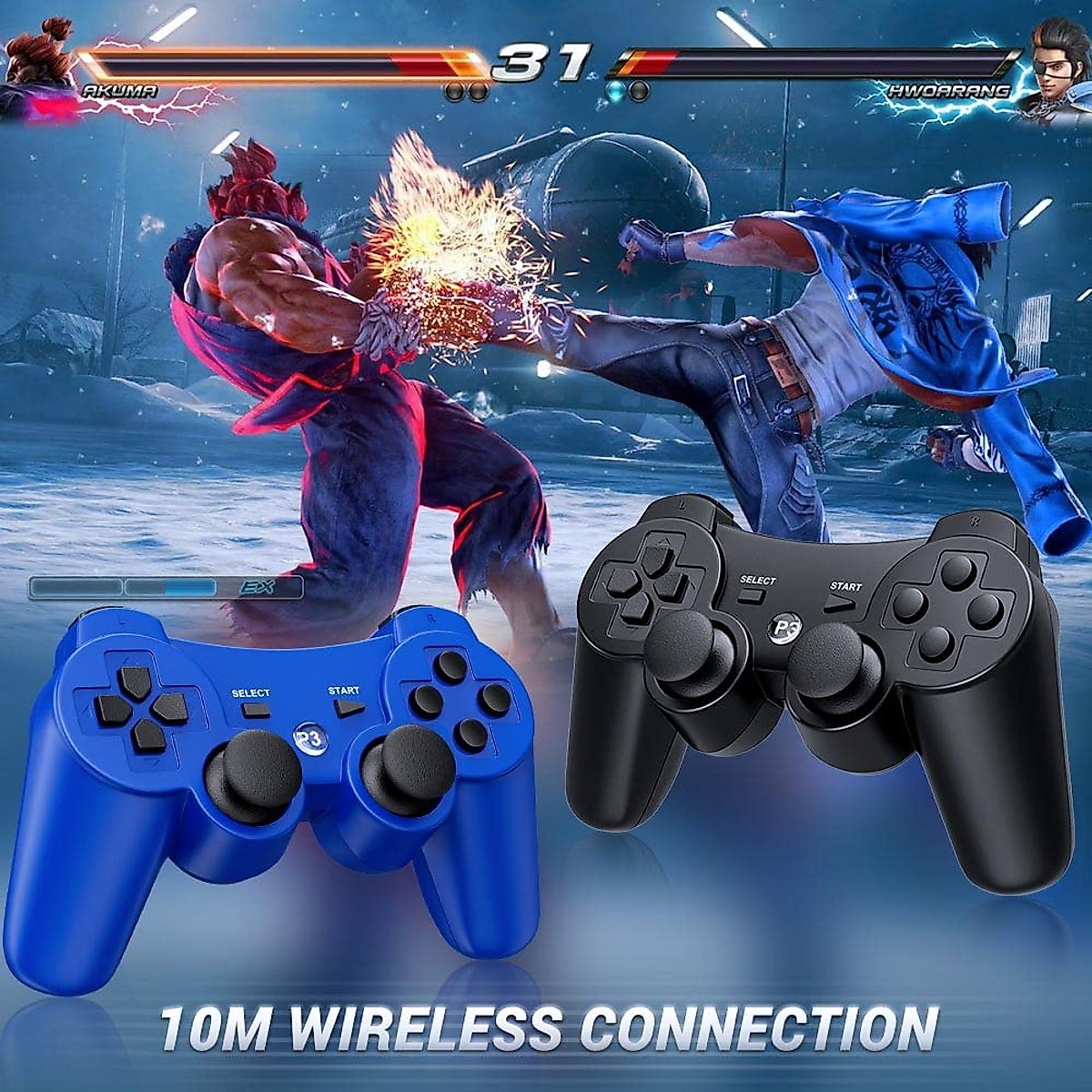 OKHAHA Controller 2 Pack for PS3 Wireless Controller for Sony Playstation 3, Double Shock 3, Bluetooth, Rechargeable, Motion Sensor, Remote for PS3 (No Stripes(Black + Blue))