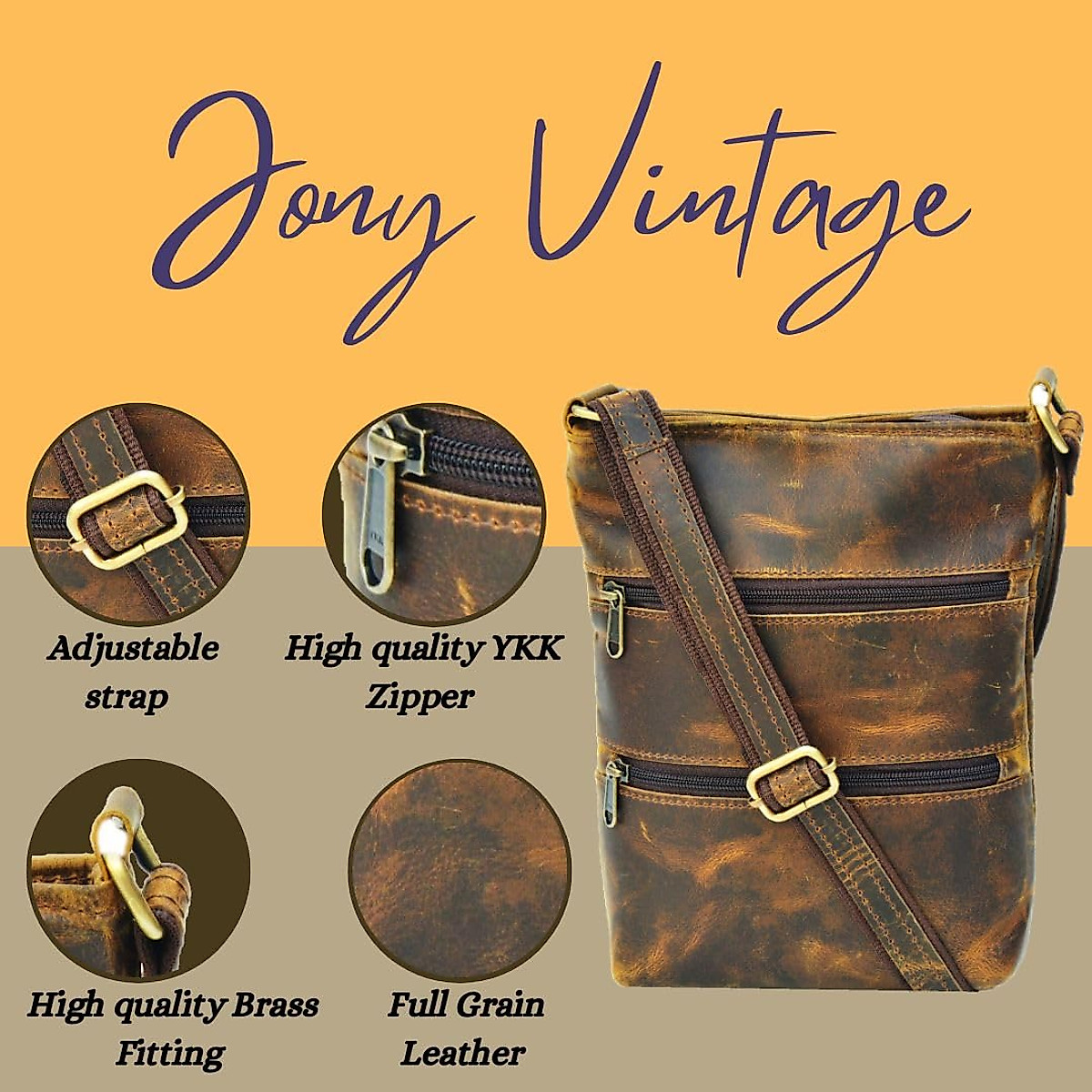 Jony Vintage Small Sling Bag for Women Leather Fashionable Crossbody Handbag Shoulder Travel Vintage Handmade Purse