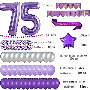 yujiaonly 75th Birthday Party Decorations Purple Happy Birthday Paper Banner Purple 40inch Number 75 Happy birthday Sash Latex and Confetti Balloons Perfect for 75 Years Old Party Supplies Balloons Number 75 Purple