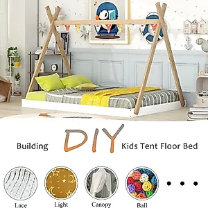 Full Size Teepee Bed for Kids,Tent Floor Bed Frame with Triangle Structure,Montessori Floor Bed for Girls Boys(Full,White)