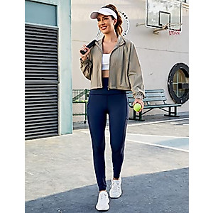 UANEO Womens Athletic Cropped Jacket Sun Protection Zip Up Long Sleeve Workout Tops Gym Sports Jackets (Tan-M)