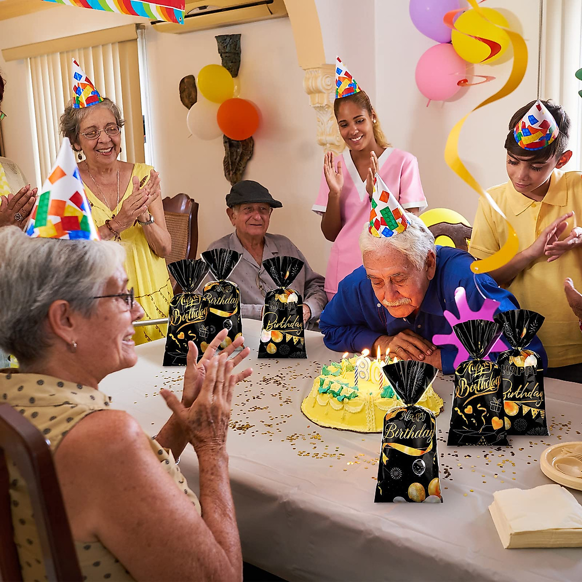 Hotop 150 Pcs Black and Gold Bags Happy Birthday Cellophane Gift Treat Goodie Candy with Ties for 90th 80th 70th 60th 50th 40th 30th Party Decor, 27.5 x 12.5 cm