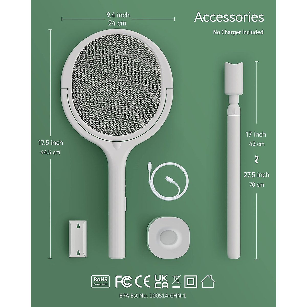 Rotating Head Rechargeable Electric Fly Swatter Racket Bug Zapper Racket Mosquito Zapper Indoor Bug Zapper Fruit Fly Zapper Spider Killer Gnat Trap Wasp Catcher, with a Telescopic Extension Wand
