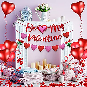 cobee Be My Valentines Banners for Valentine's Day Decorations, Glitter Love Heart Hanging Ornament Banner for Bridal Shower Engagement Anniversary Wedding Party Valentines Day Gift