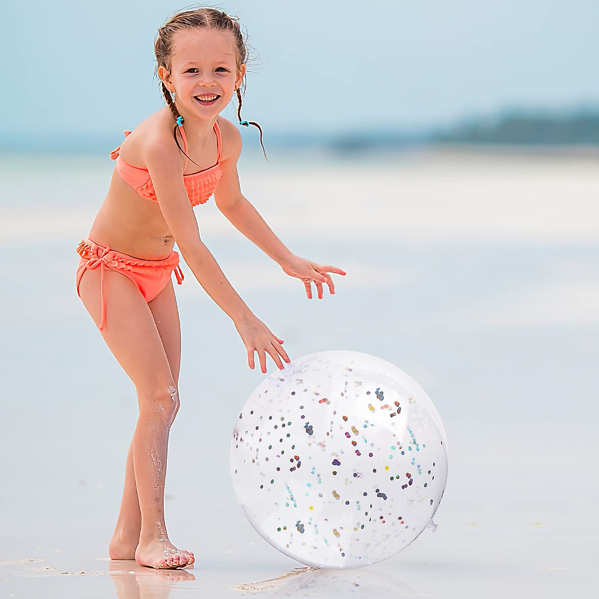 AMOR PRESENT Beach Balls, 16 Inch Glitter Beach Balls Conffeti Pool Toys for Kids Summer Pool Party Beach Volleyball Vacation, Silver