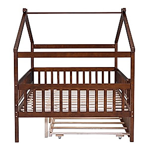DHHU Daybed with Trundle, Full Size Wooden House Bed with Twin Size Trundle Bed, Wood Bed Frame with Roof and Safety Guardrail for Kids, Teens, Boys or Girls, No Box Spring Required