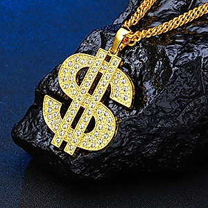 HENGYID Hip Hop Jewelry Gold Necklace Chain with Dollar Sign, 18K Gold Plated Hip Hop Chain Necklace Pendant for Men, 32 inch