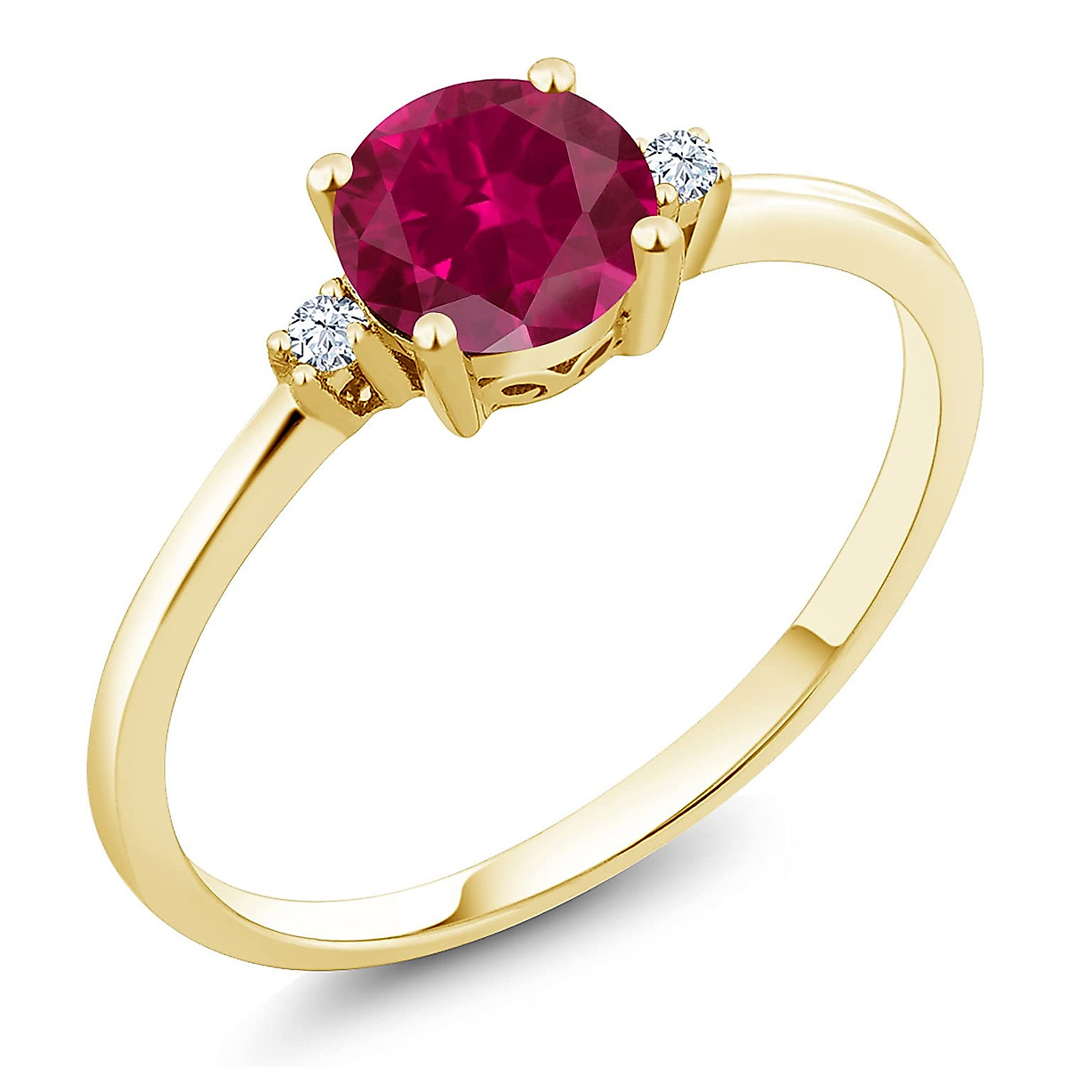 Gem Stone King 10K Yellow Gold Red Created Ruby and White Created Sapphire Solitaire Engagement Ring For Women (1.03 Cttw, Round 6MM, Gemstone July Birthstone, Size 7)