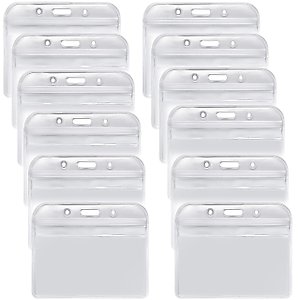 YOUOWO 12 Pack Horizontal ID Card Badge Holders 3.2 x 3.85 inches, Fits 2.3 x 3.5 Name Tag Insert Waterproof Punched Zipper Resealable Clear Plastic Labels Credit Cards