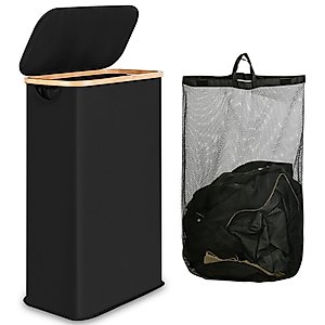 iEGrow 60L Slim Laundry Hamper with Lid,Black Hampers for Laundry,Narrow Laundry Basket with Removable Inner Bag & Bamboo Handles,Tall Thin Clothes Hamper for Clothes Toys Towels Organization