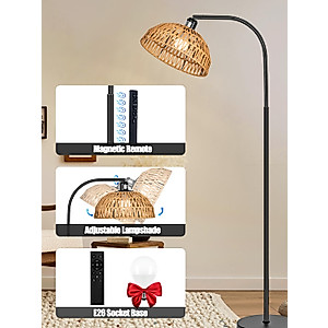 Brilvibera Modern Black Dimmable Floor Lamp with Remote Control, Hand-Worked Rattan Shades, Bohemian Style for Living Room, Bedroom, Office