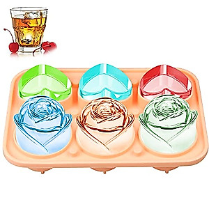 KooMall Ice Molds, Large Ice Cube Trays, Make 6Giant Cute 3D Rose Flower and Heart Shape Ice,Silicone Rubber Fun Big Ice Ball Maker for Cocktails Juice Whiskey Bourbon Freezer,Pink
