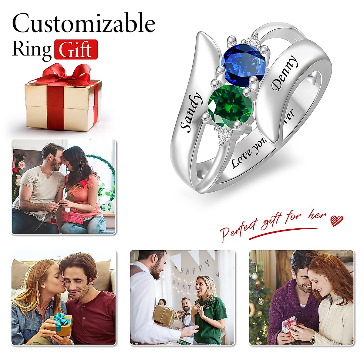 BAUMA AUTO Personalized 2 Birthstone Infinity Rings Engraved Name Promise Ring Custom 925 Sterling Silver Engagement Wedding Rings for Couples Valentines Mother’s Day (Rose gold)