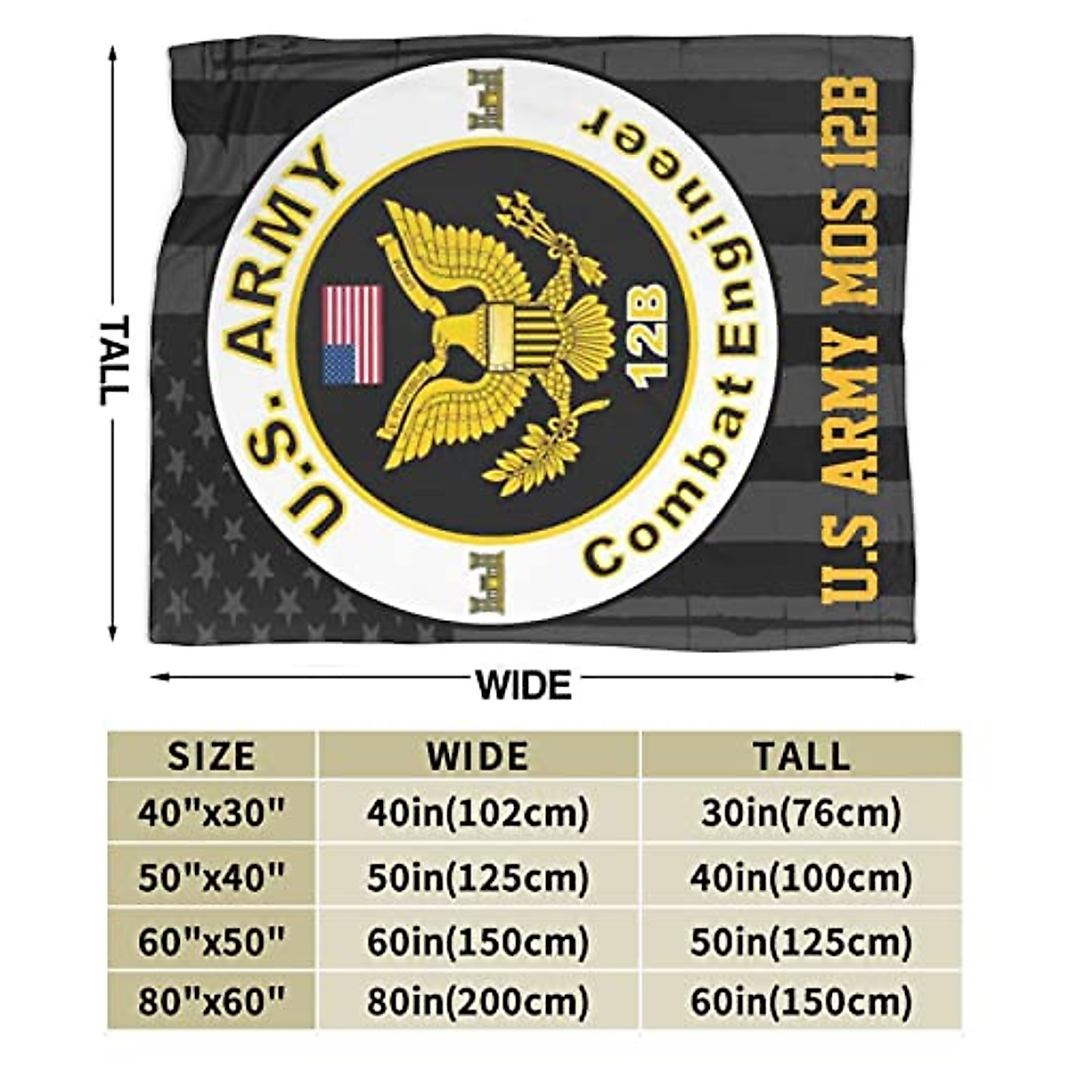HUZEIMINniu Us Army Mos 12b Combat Engineer Warm Throw Blanket Sofa Blanket Movies Blanket for Bed Couch Living Room Blankets 60"X50"