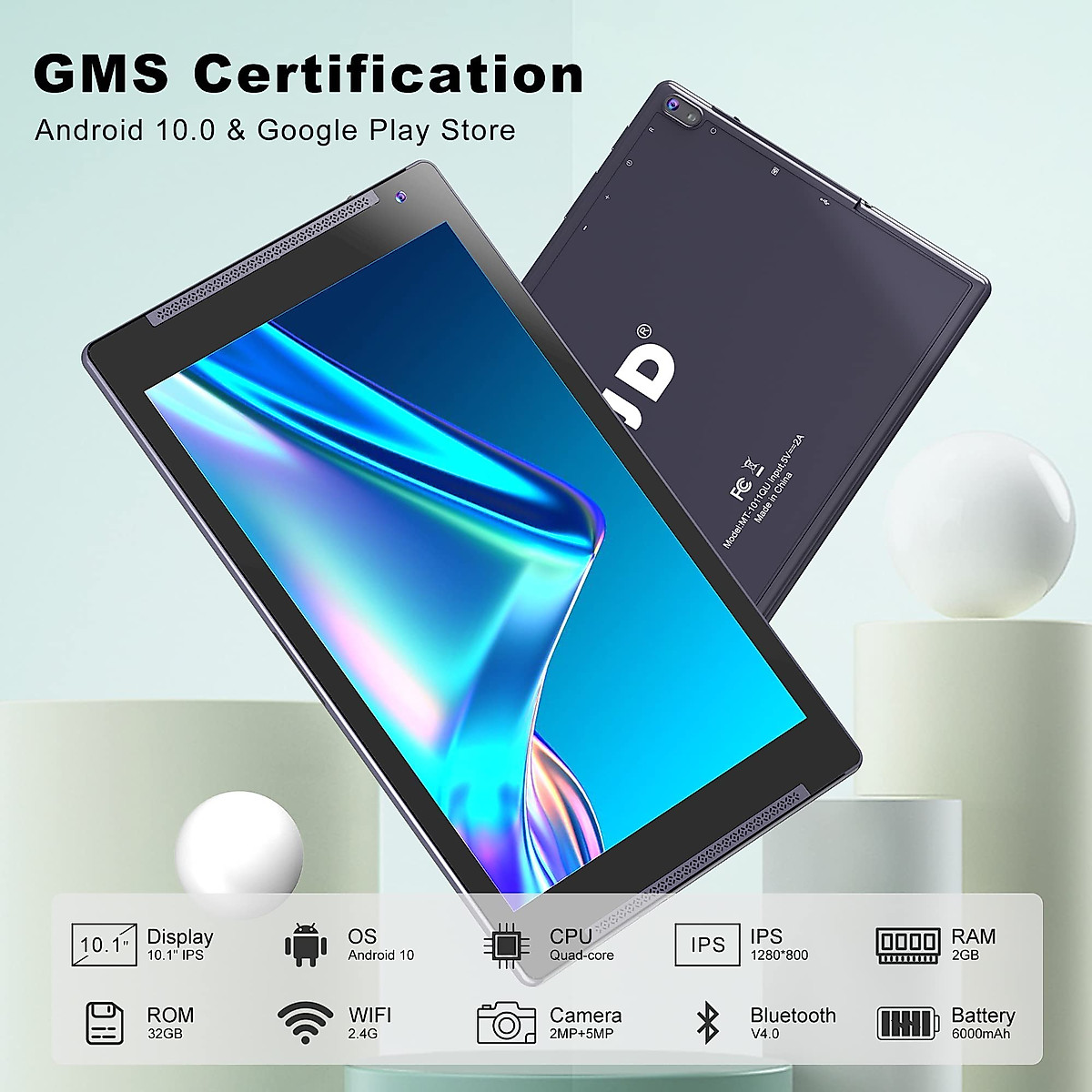 TJD 10 inch Tablet, Android 10.0 Tablet, 2GB RAM 32GB, 1.6GHZ Quad Core Processor, 1280x800 IPS Display, Google Play, 2MP+5MP Camera, Bluetooth, 2.4GHz WiFi, Type-C, TF Expansion with Tablet Stand
