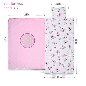 Minky Nap Mat for Preschool, Sleeping Mat for Daycare, Toddler Sleeping Bag with Removable Pillow & Fleece Blanket, Portable Slumber Bag with Backpack Mode, Back to School Supplies, Ages 3-7 Years