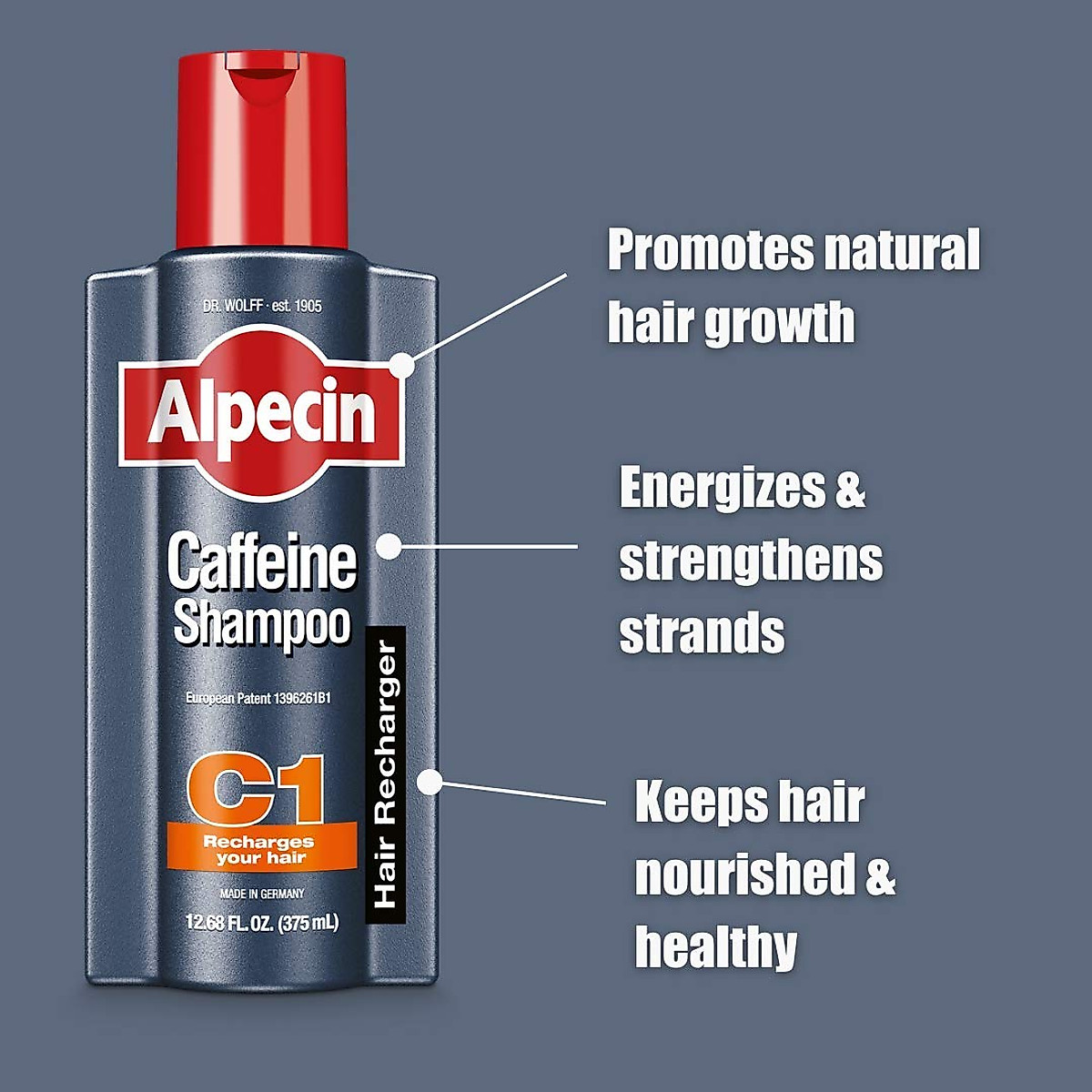 Alpecin C1 Caffeine Shampoo, 8.45 fl oz (Pack of 2) Men's Natural Hair Growth Shampoo for Thinning Hair with Niacin and Castor Oil