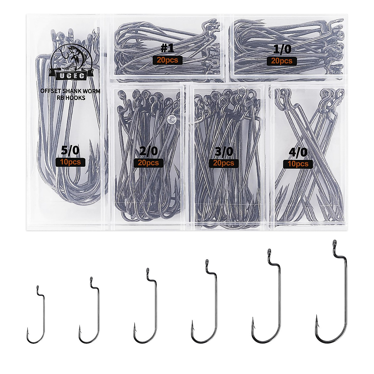UCEC 100pcs/Box Fishing Hooks Worm Hooks Offset Shank Round Bend Worm Hooks Bass Hooks High Carbon Steel Saltwater Freshwater - 6 Sizes: #1 1/0 2/0 3/0 4/0 5/0