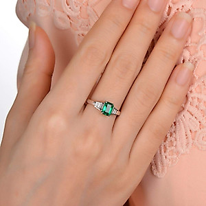 Lanmi Natural Green Emerald Diamond Ring Solid 14K White Gold Anniversary Wedding Band for Women's Gift