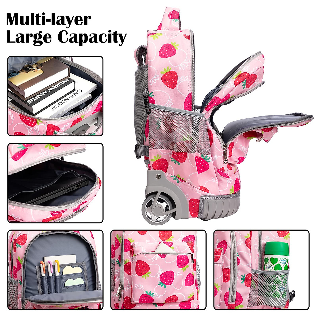 BAMIFEI 18 inches Wheeled Rolling Backpack Multi-Compartment College Books Laptop Bag Business Trip Carry-on, Strawberry