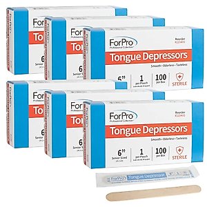 ForPro Professional Collection Senior Tongue Depressors, Large Wax Applicator Sticks, 6" Sized, Sterile, Individually Wrapped, 100 Count, Pack of 6