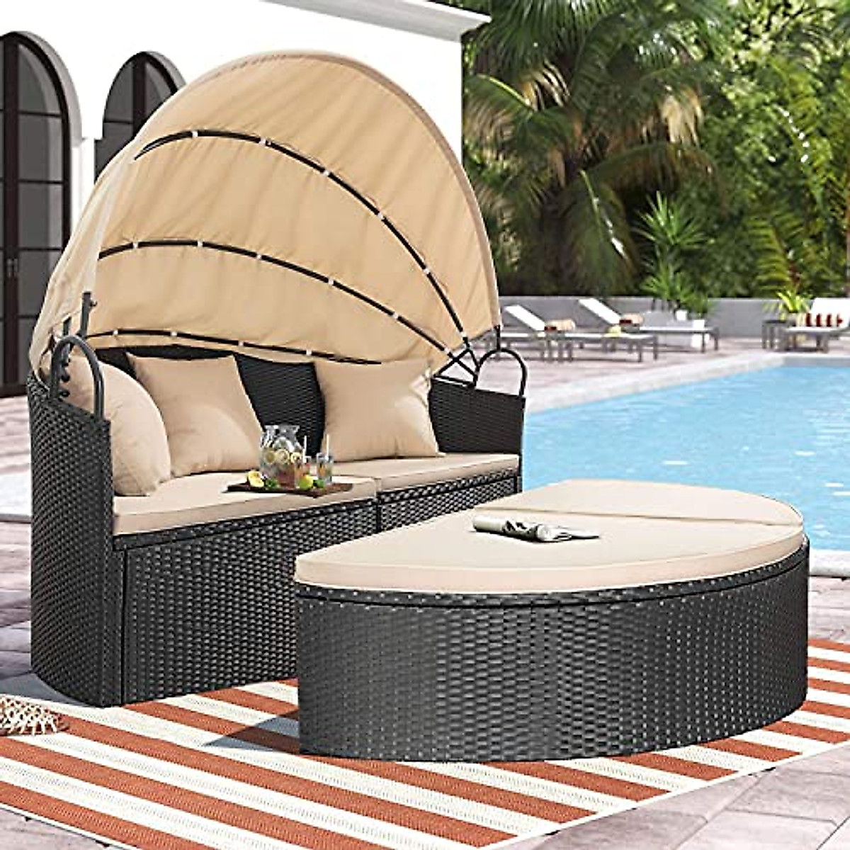Homall Patio Furniture Outdoor Daybed with Retractable Canopy Rattan Wicker Furniture Sectional Seating with Washable Cushions for Patio Backyard Porch Pool Round Daybed Separated Seating (Beige)