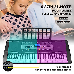 MUSTAR Piano Keyboard 61 Key, Electric Keyboard Piano with Stand, Touch Sensitive Keyboards Piano 61 Key for Beginners, Headphones, Microphone, MP3/USB/LCD Screen, Holiday Birthday Gifts