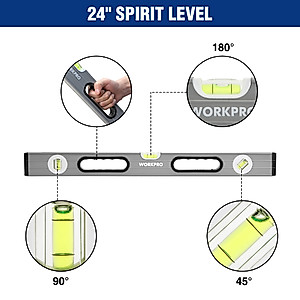 WORKPRO Torpedo Level, 3-Piece Spirit Level Set(9", 16", 24"), Magnetic, Bubbles Measuring, Clear,green