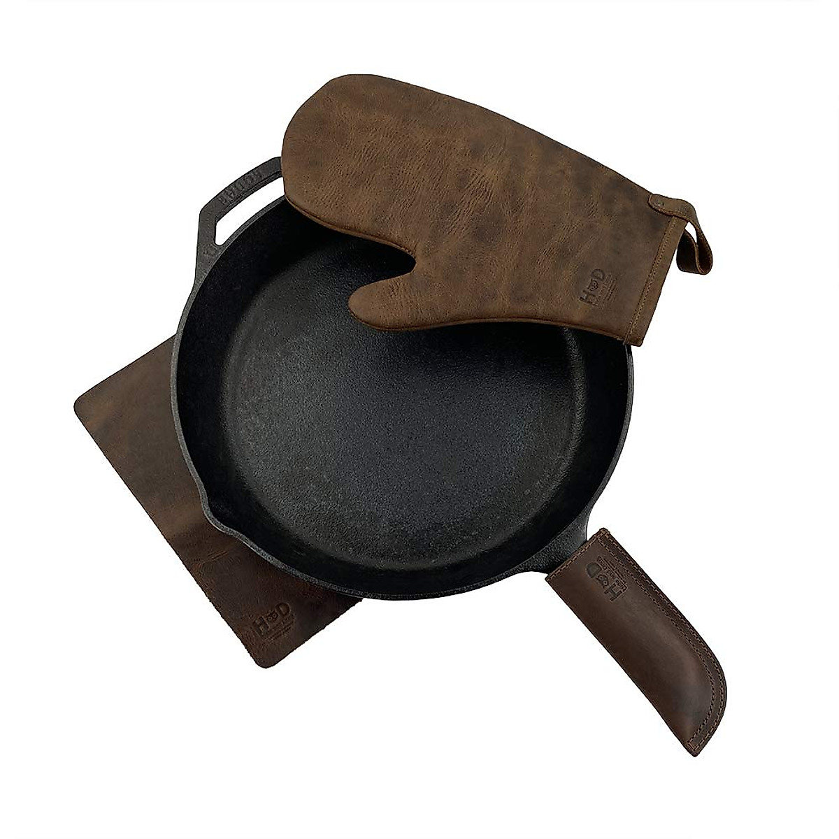 Hide & Drink, Leather Oven Glove, Potholder Sheet & Panhandle - Metal Skillet Grips - Kitchen & Bakery Essentials Handmade