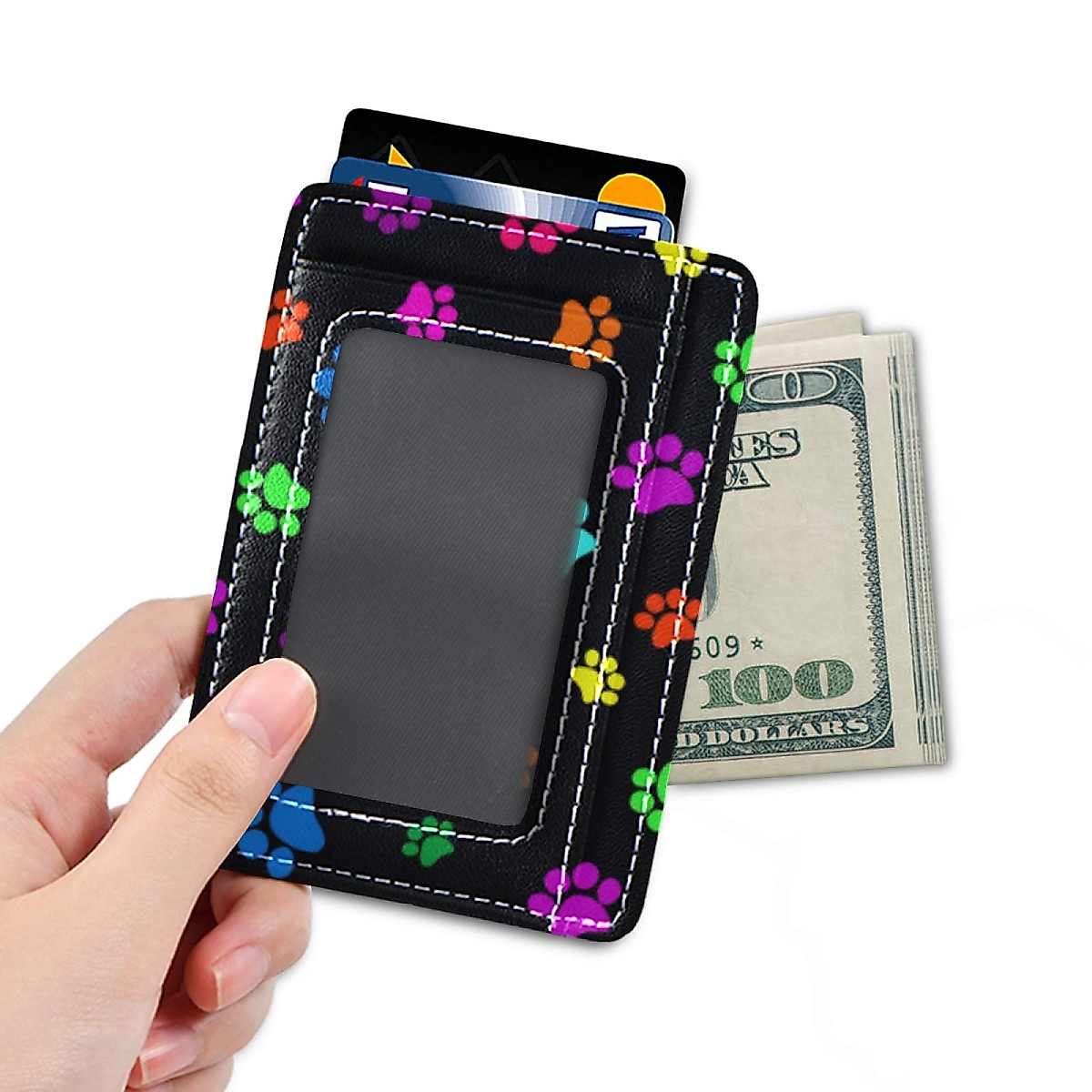 Linomo Thin leather Card Holder and Money Clip Colorful Dog Paw Print Wallet RFID Blocking for Men & Women