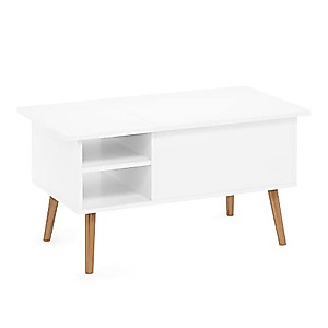 Furinno Jensen Wooden Leg Lift Top Coffee Table with Hidden Compartment and Side Open Storage Shelf for Living Room, Solid White