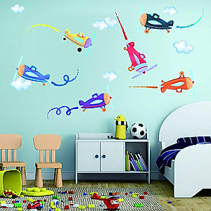 Colourful Aircrafts Jet Plane Wall Decals - Airplane Fighter Jet Copter Show Wall Sticker - Aviation Gift Boys Kids Nursery Wall Decal Stickers Home Decor