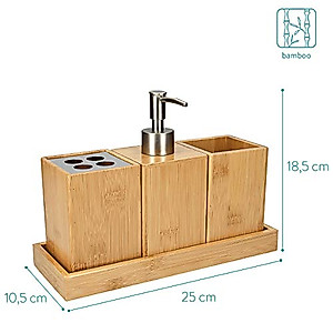 Navaris Bamboo Bathroom Accessories Set - 4-Piece Bath Set with Toothbrush Holder, Soap Dispenser, Storage Container, Organiser Tray - Natural Wood