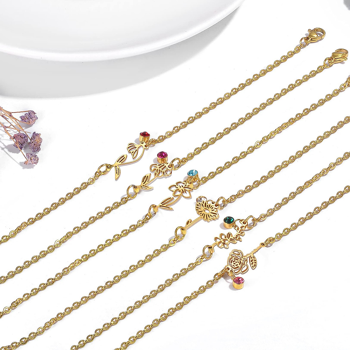 Nupdot March Birth Flower Bracelets, 14K Gold Plated Birth Month Daffodil Floral Birthstone Charm Bracelets Wildflower Jewelry Mar. Birthday Gifts for Women