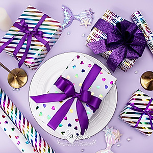 Ribbli Birthday Wrapping Paper Iridescent Gift Wrap Mini Roll, 3 Rolls Happy Birthday Heart Stripes Printed for Girls Kids - 17 inch x 120 inch(10feet) Per Roll