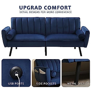 DURASPACE Velvet Loveseat Sleeper Sofa 74" Convertible Futon Couch with USB, Loveseat Coach for Dorm, Apartment, Bonus Room,Compact Living Space (Navy Blue)